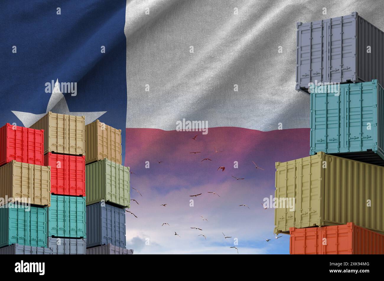 Texas US state flag and big stack of shipping cargo containers in docks ...