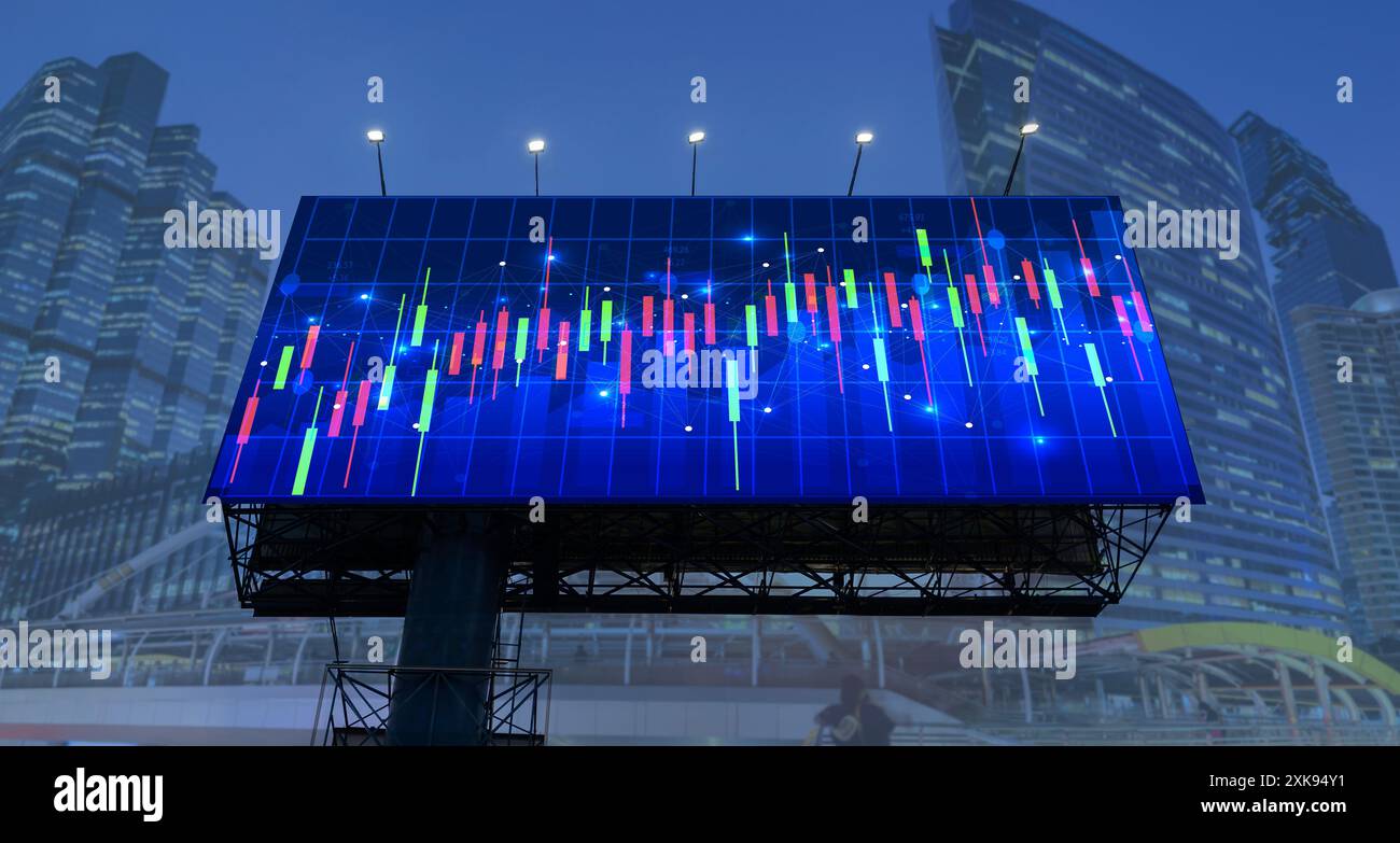 FOREX chart hologram on billboard, aerial night view of Bangkok It is a ...
