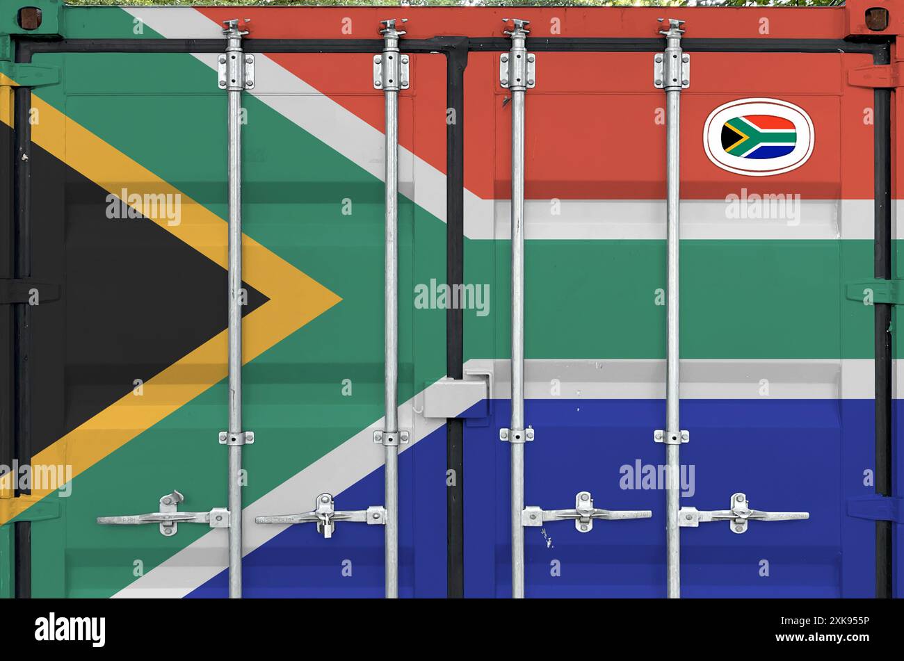 South Africa flag depicted on metal doors of shipping cargo container ...