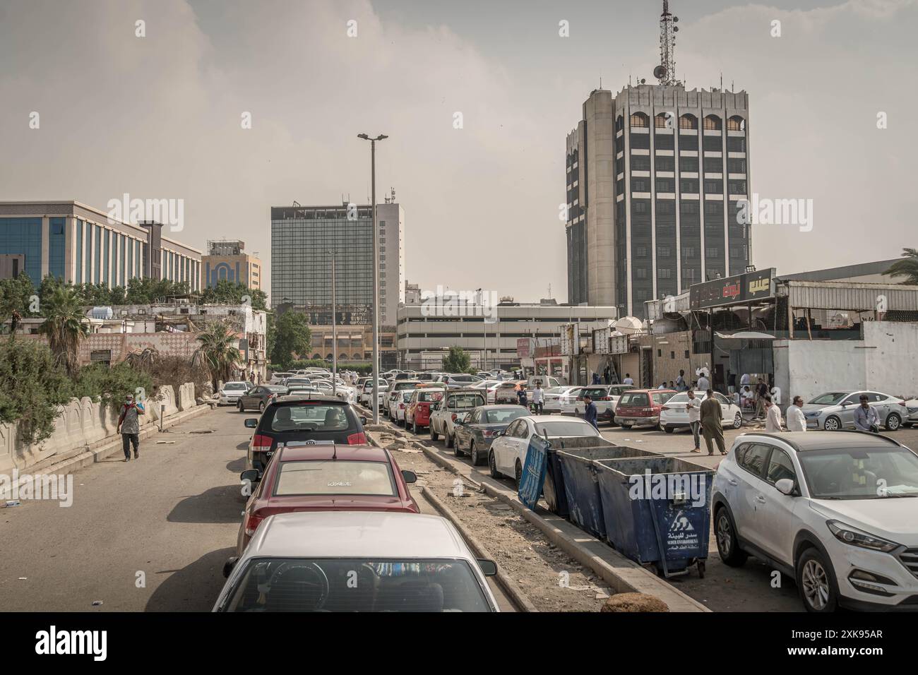 The cars parked on the street in the downtown of Jeddah, Saudi Arabia ...