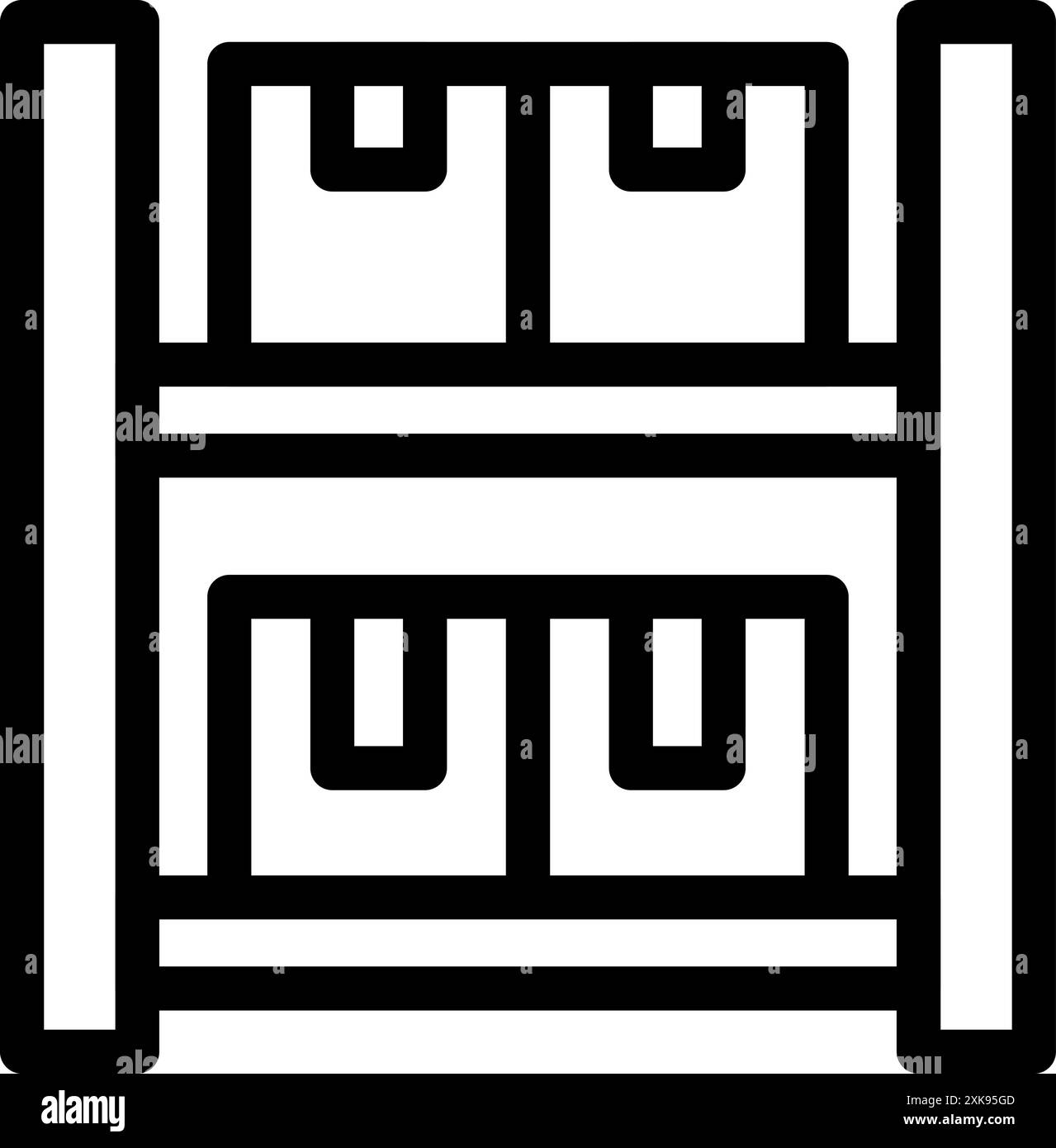 Simple black and white icon of warehouse storage racks holding ...