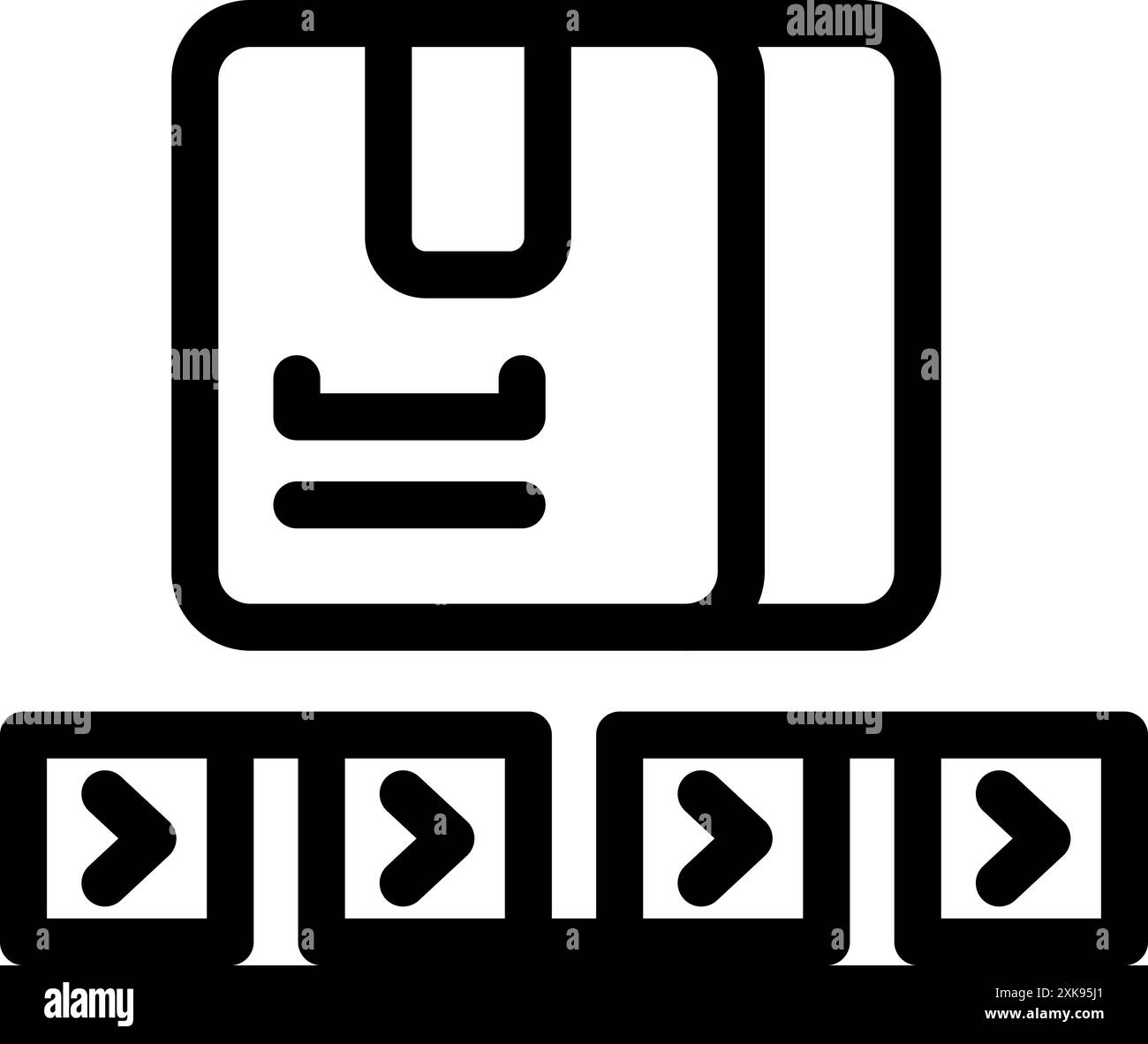 Simple icon of a package being transported on a conveyor belt system ...