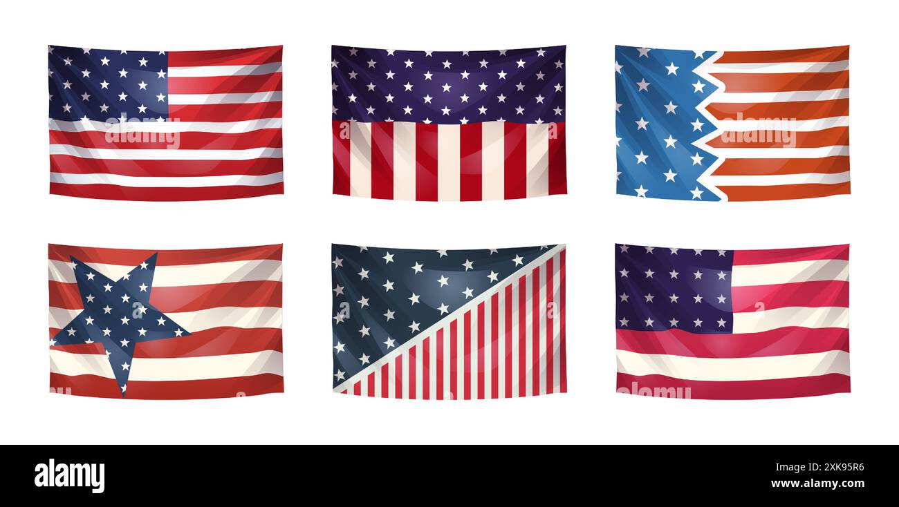 Set of various waving american flag pattern, pinned on isolated on ...