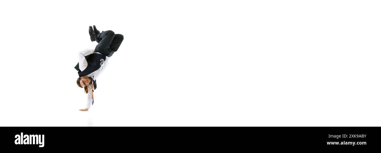 Banner. Young man dressed formalwear demonstrate dance moves against ...