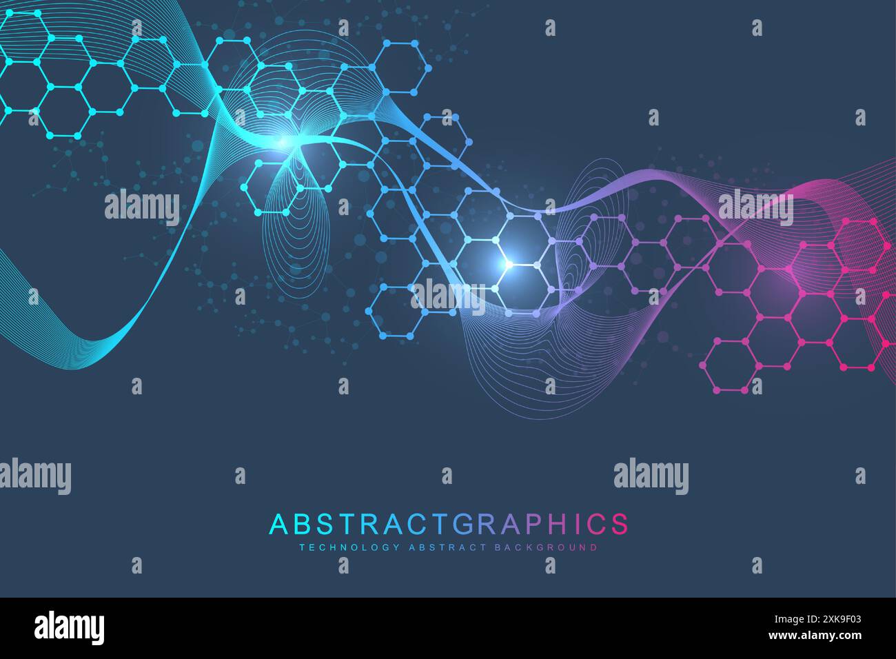 Modern science background with lines, dots and hexagons. Wave flow ...