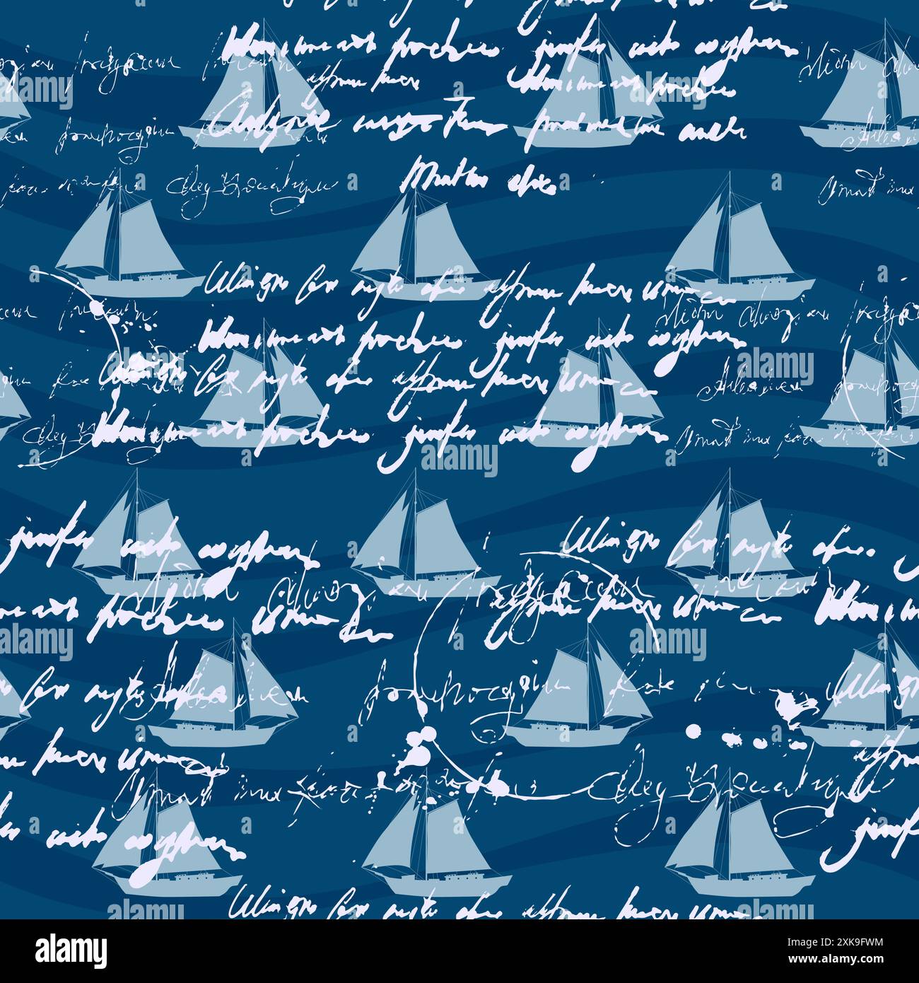 Sailboat seamless pattern, unreadable text, handwritten notes, palm ...