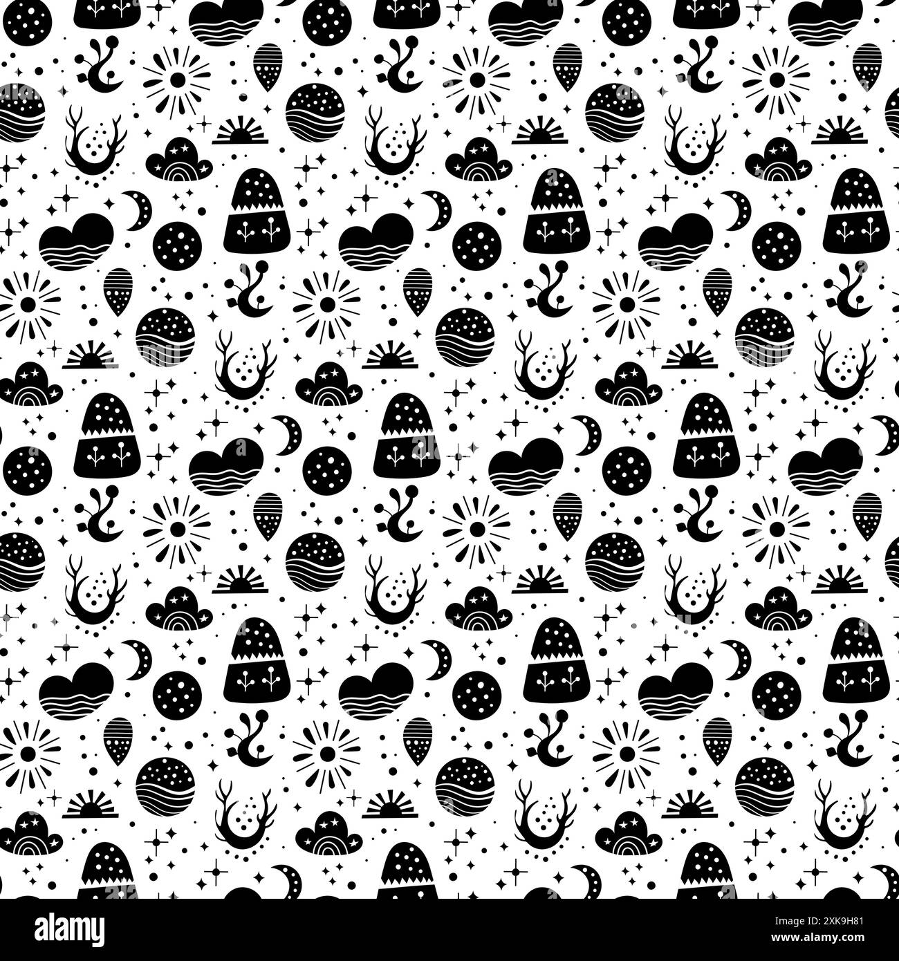 Seamless neo folk art vector pattern with mountains, moon and flowers ...