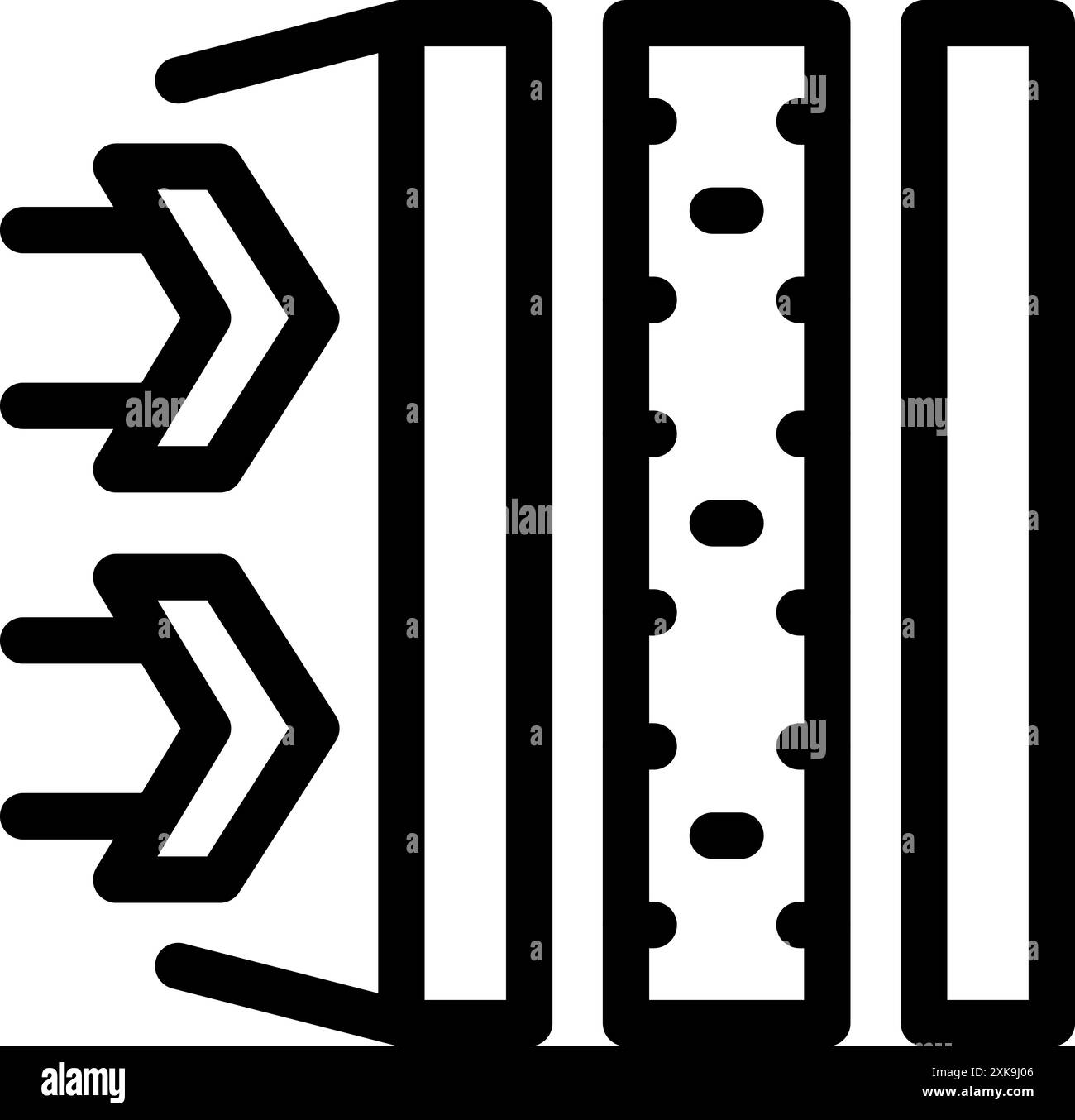Line icon of air flow passing through a three layered material ... Line icon of air flow passing through a three layered material ...