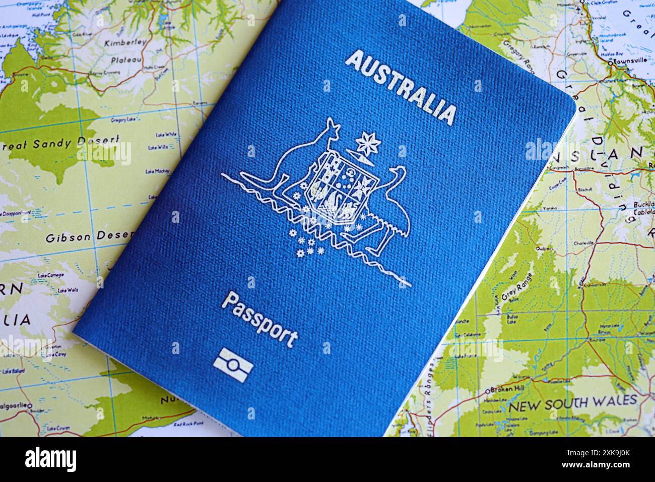 KYIV, UKRAINE - JULY 10, 2024 Australian blue travel passport on ...