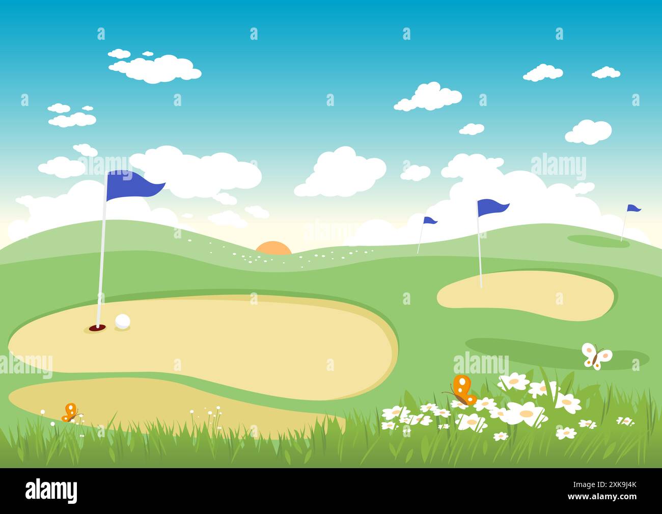 Golf course in a summer or spring landscape background with flowers ...