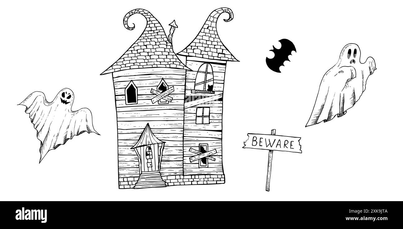 Halloween haunted house. Wooden sign board Beware. Vector hand painted ...