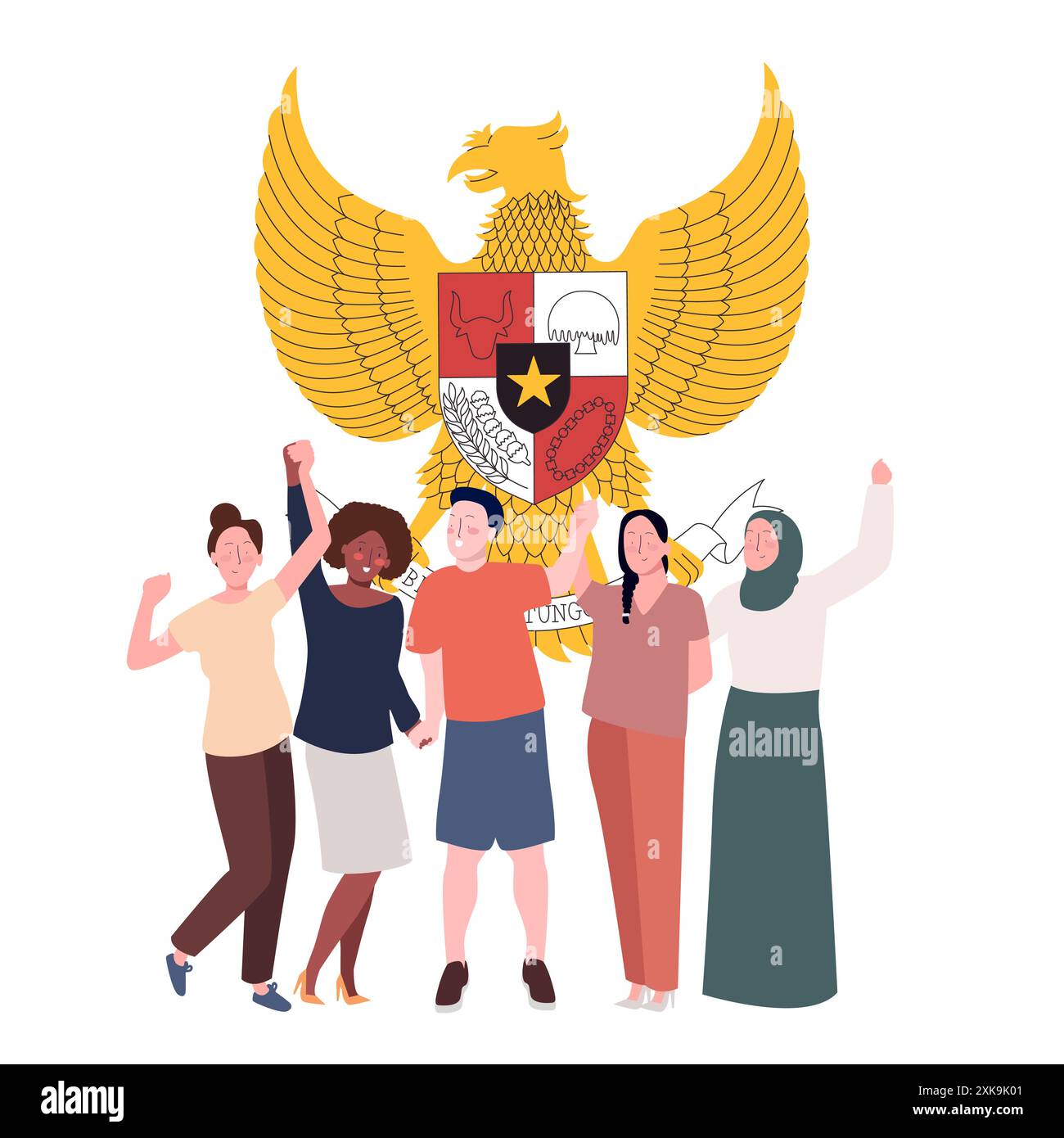 young youth diverse happy standing in front of Pancasila symbol unity ...