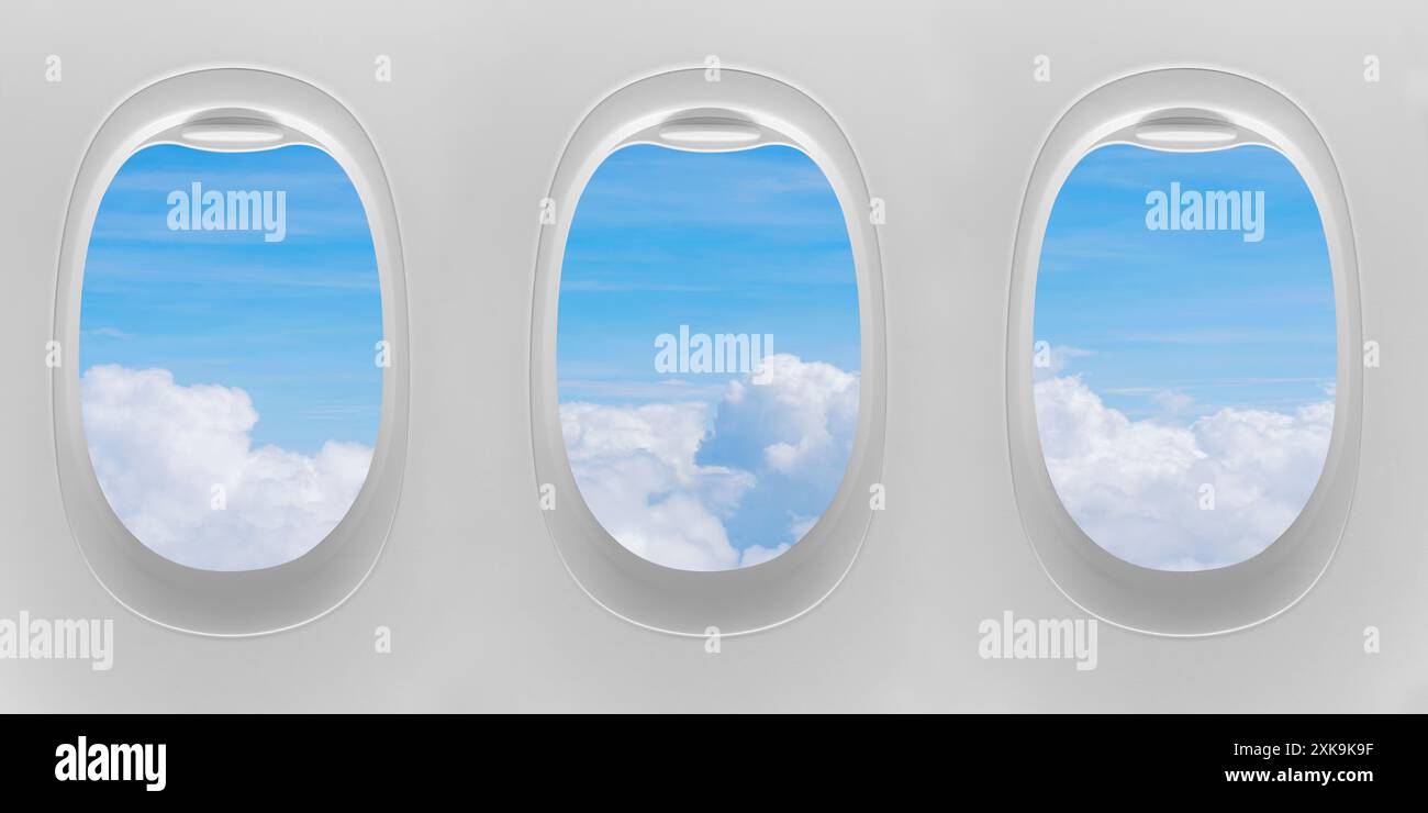 Plane windows, airplane portholes, air travel, aircraft cabin interior ...