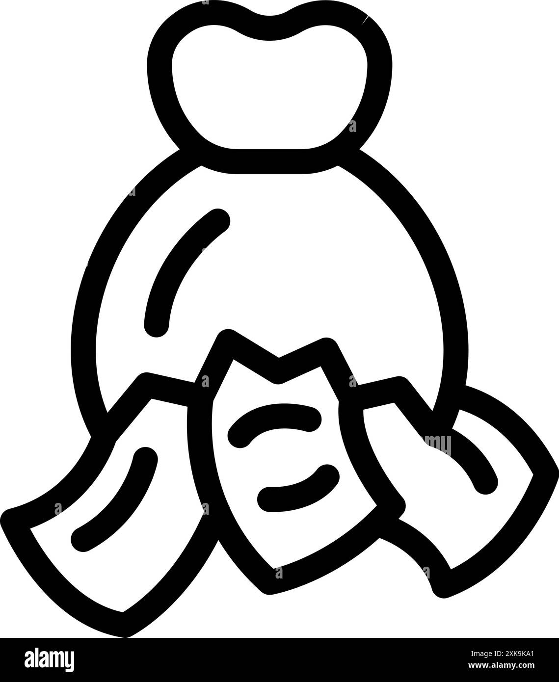 Money bag is ripping open showing it is empty inside with torn bills ...