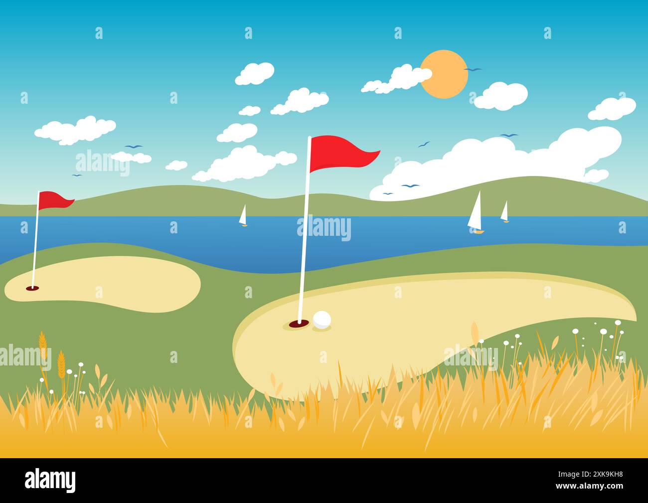 Golf course in a summer beach landscape background with wheat field ...