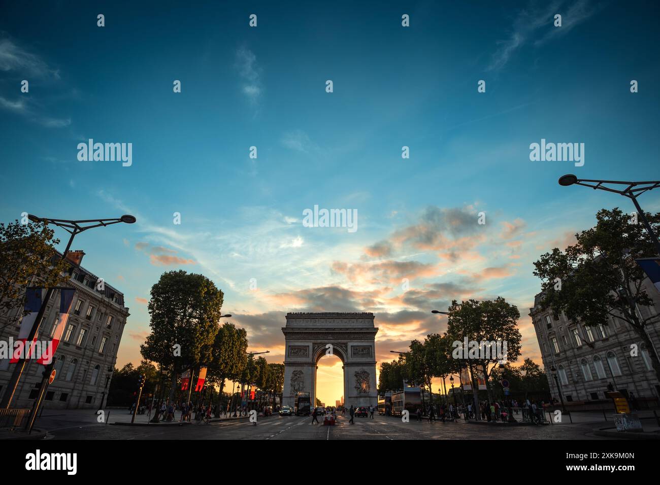 Sunset Behind Arc de Triomphe from Champs-Élysées - Paris, France Stock ...