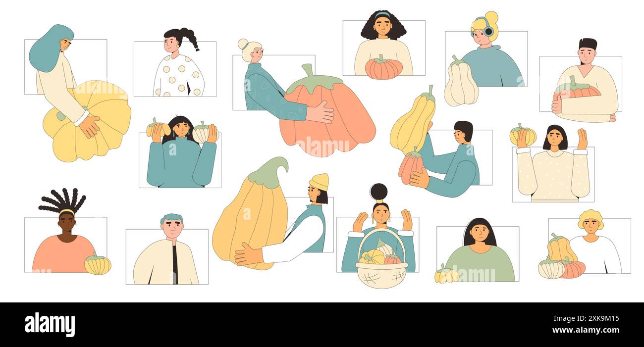 People with pumpkins set. Autumn ripe vegetables harvest characters ...