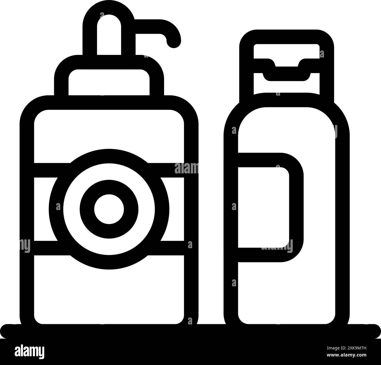 Simple line drawing of body lotion and shower gel bottles standing on ...