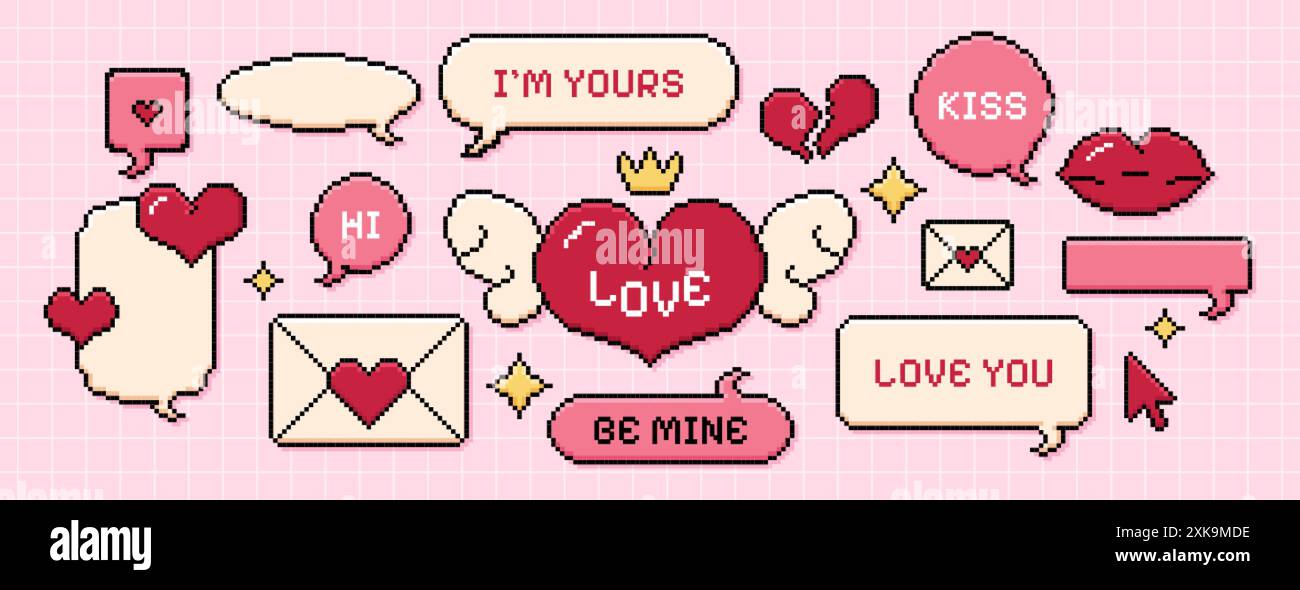 Set of pixel speech bubbles, heart with wings, red lips, dialogue boxes ...