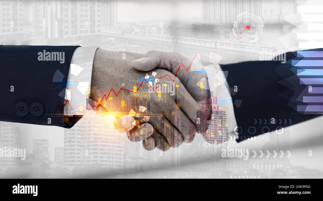 Businessman shaking hands with investors with global network connection ...