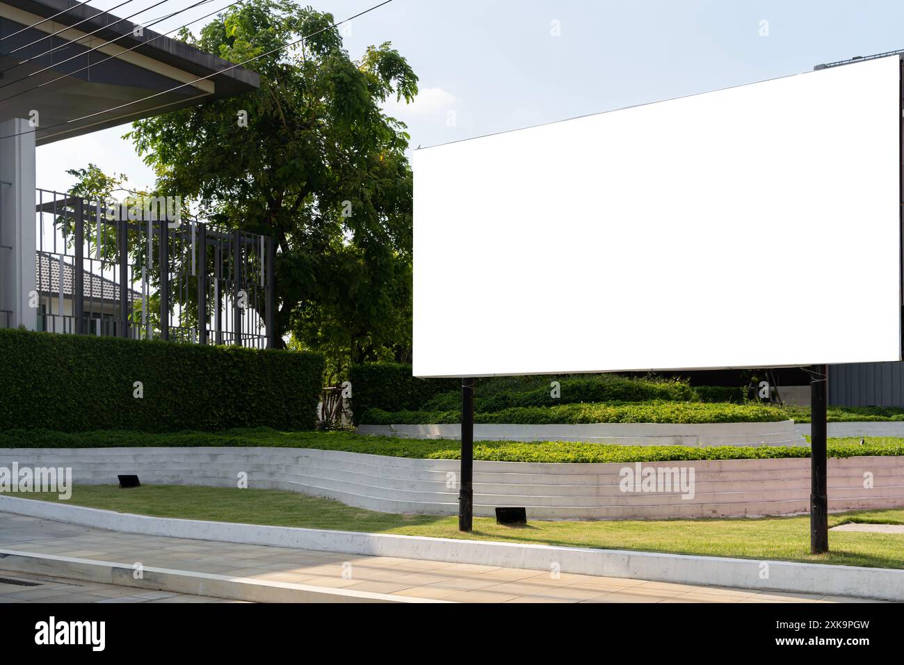 Empty banner on a city street with residential and office buildings and ...