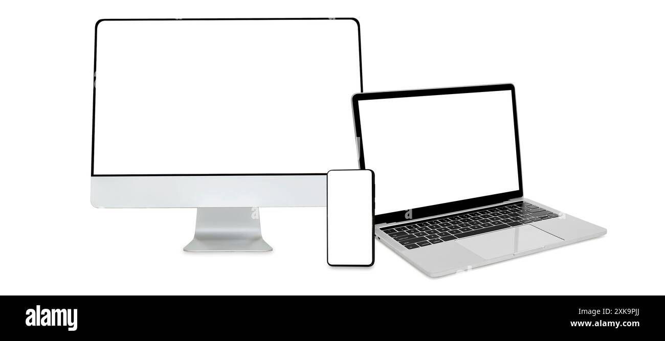 Front view of modern laptop with blank screen, aluminum body material ...