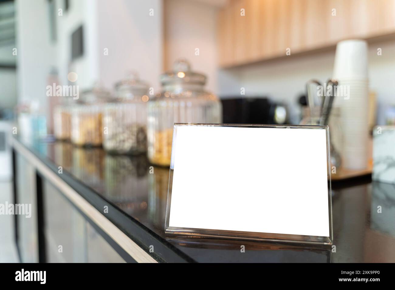 Mock up menu frame on table in cafe bar. Menu frame mockup in bar ...