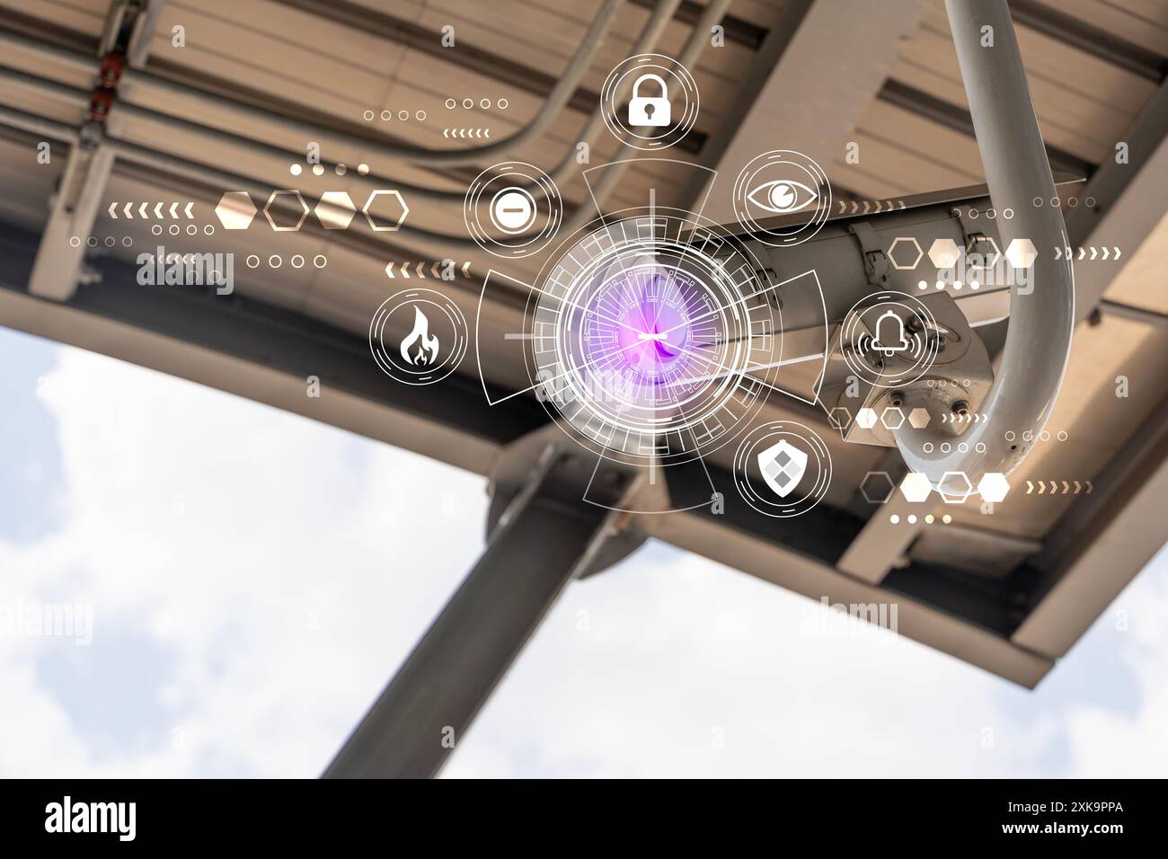 Modern CCTV on foggy day wall in city background with abstract ...