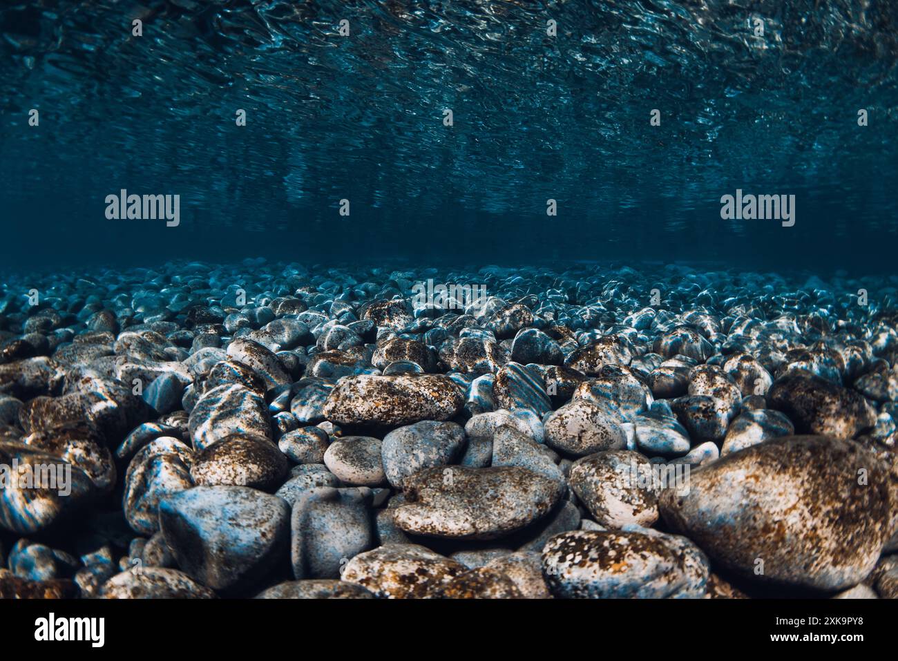 Underwater ocean with stone sea bottom and reflection on surface Stock ...