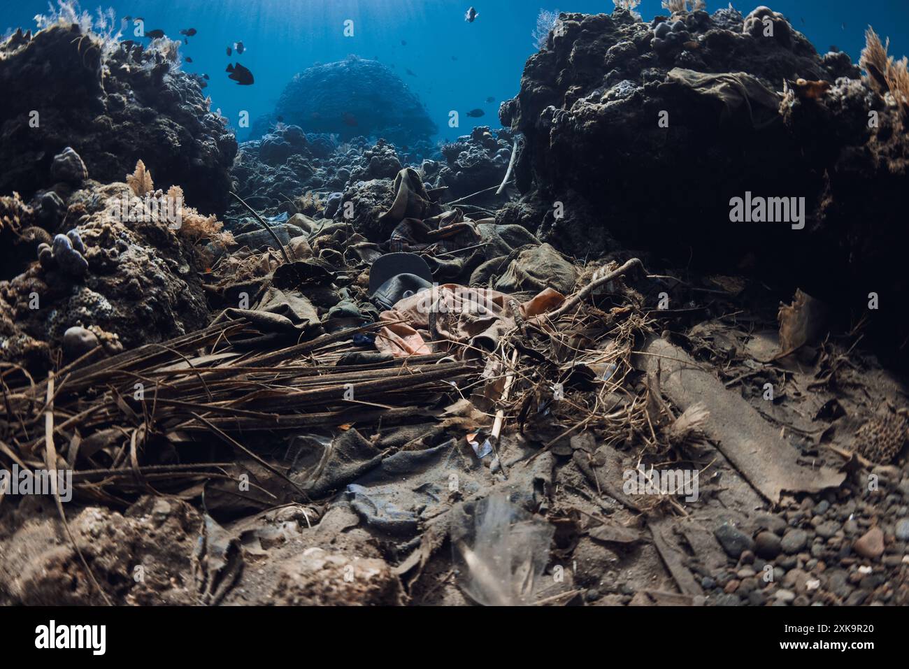 Underwater scene with trash pollution and corals. Tropical sea with ...