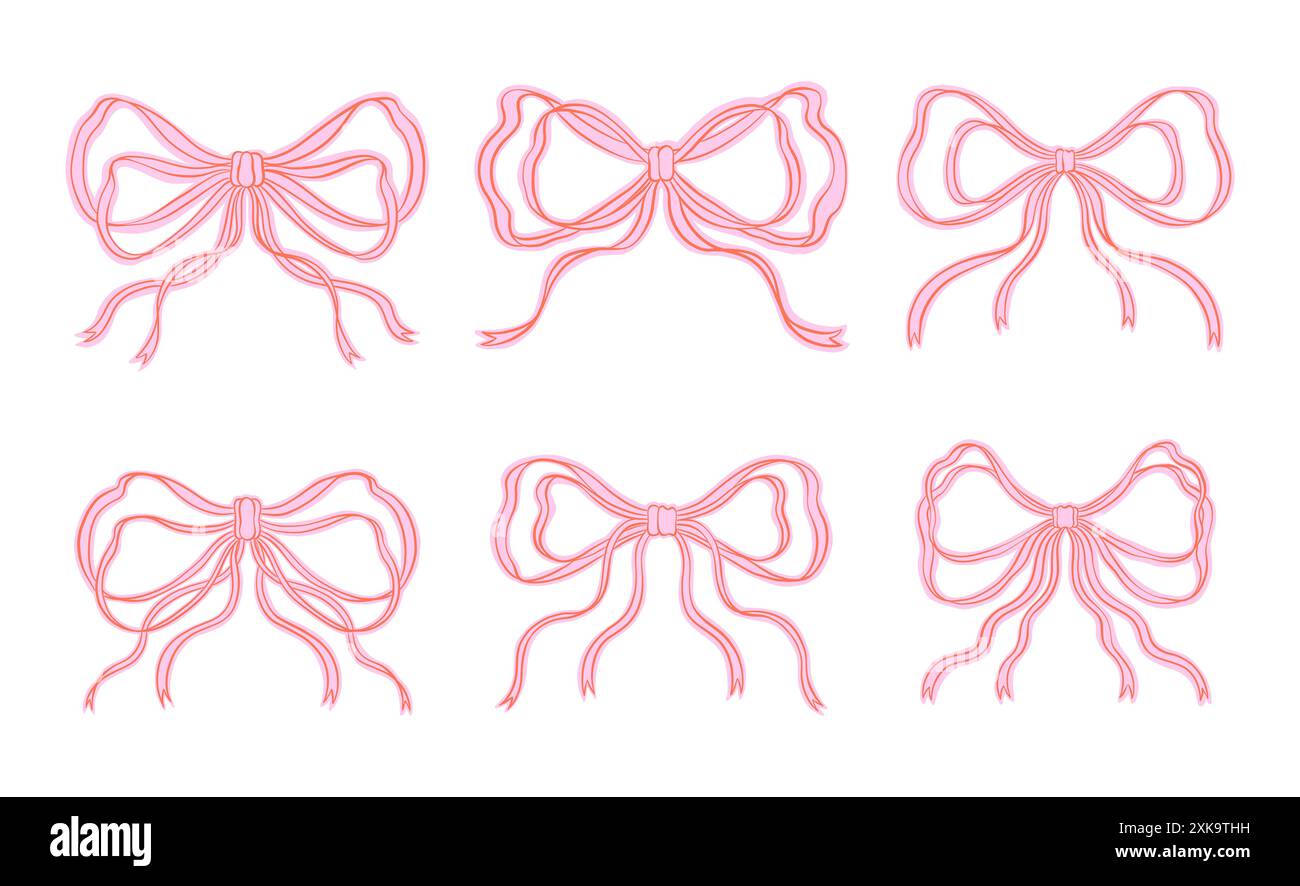 Set of coquette vintage narrow ribbon bows. Charming cute vintage bows aesthetic. Vector ...