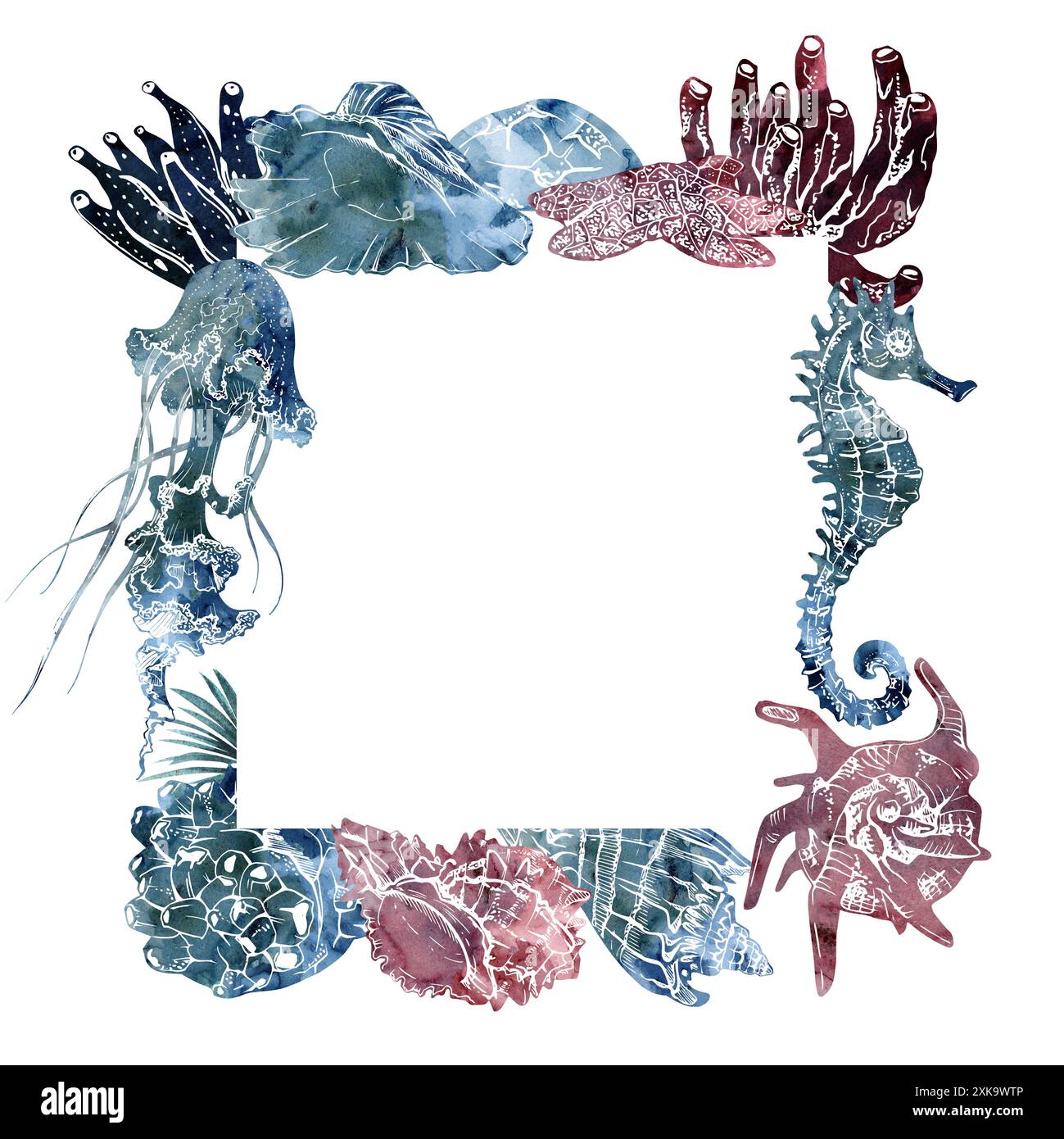 Watercolor and ink hand drawn marine life, sea ocean underwater ...