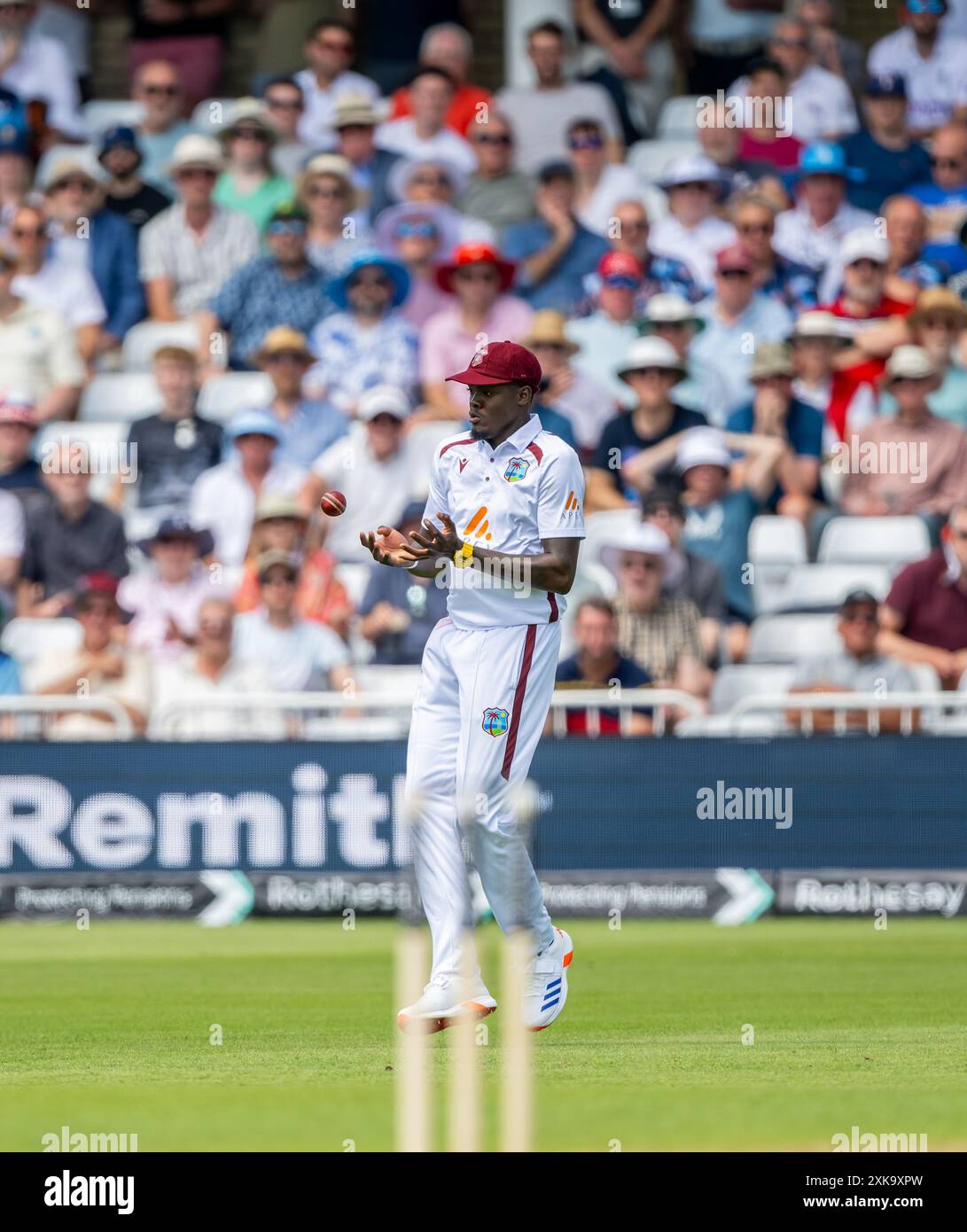 Alzarri Joseph for West Indies juggles the ball as he eventually ...