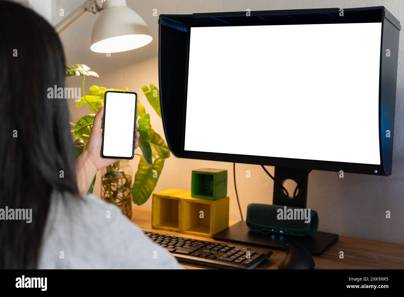Streaming and cast concept. Mobile phone and computer with blank ...