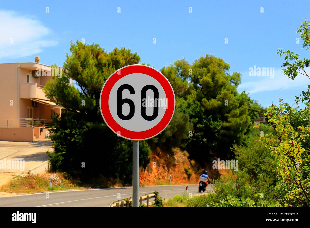 Traffic sign 60, Speed limit 60, on mountain road in Croatia, selective ...