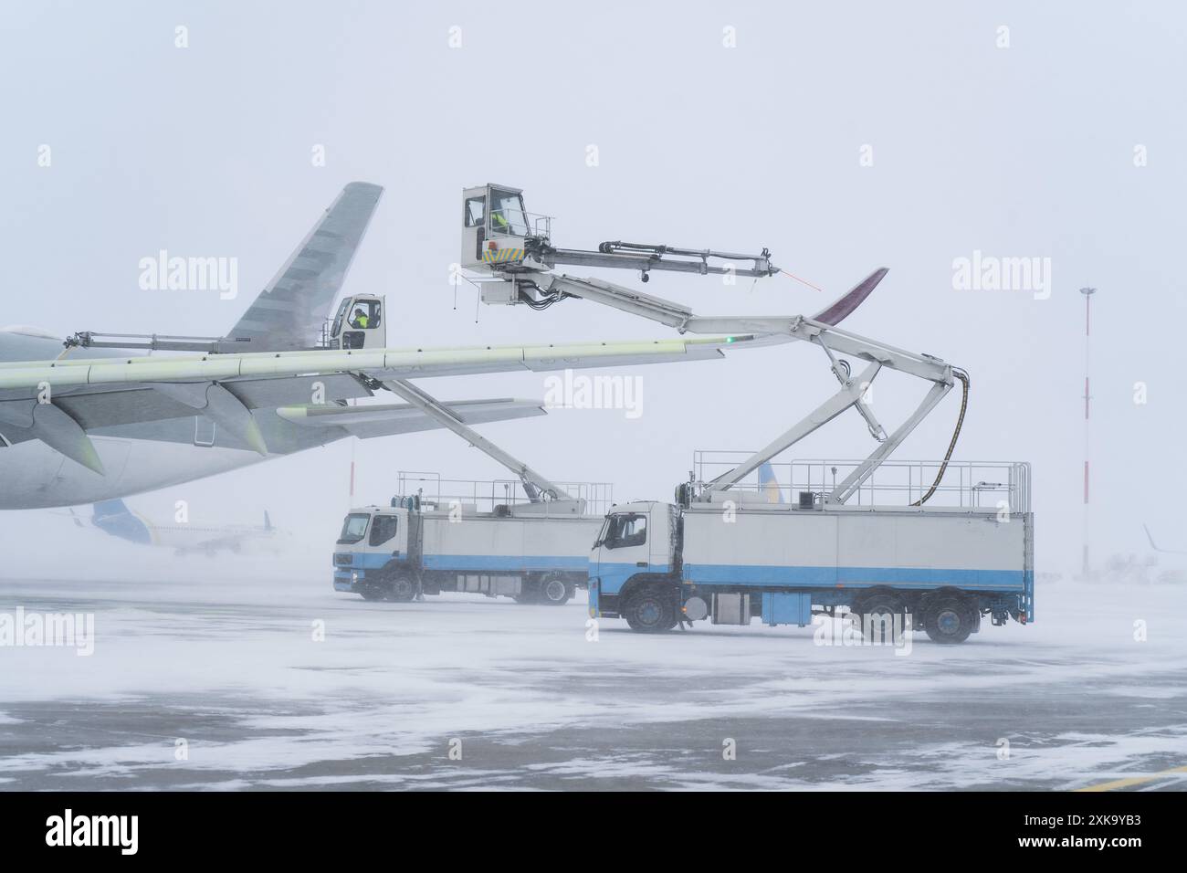 De-icing the aircraft before the flight. The deicing machine sprinkles ...
