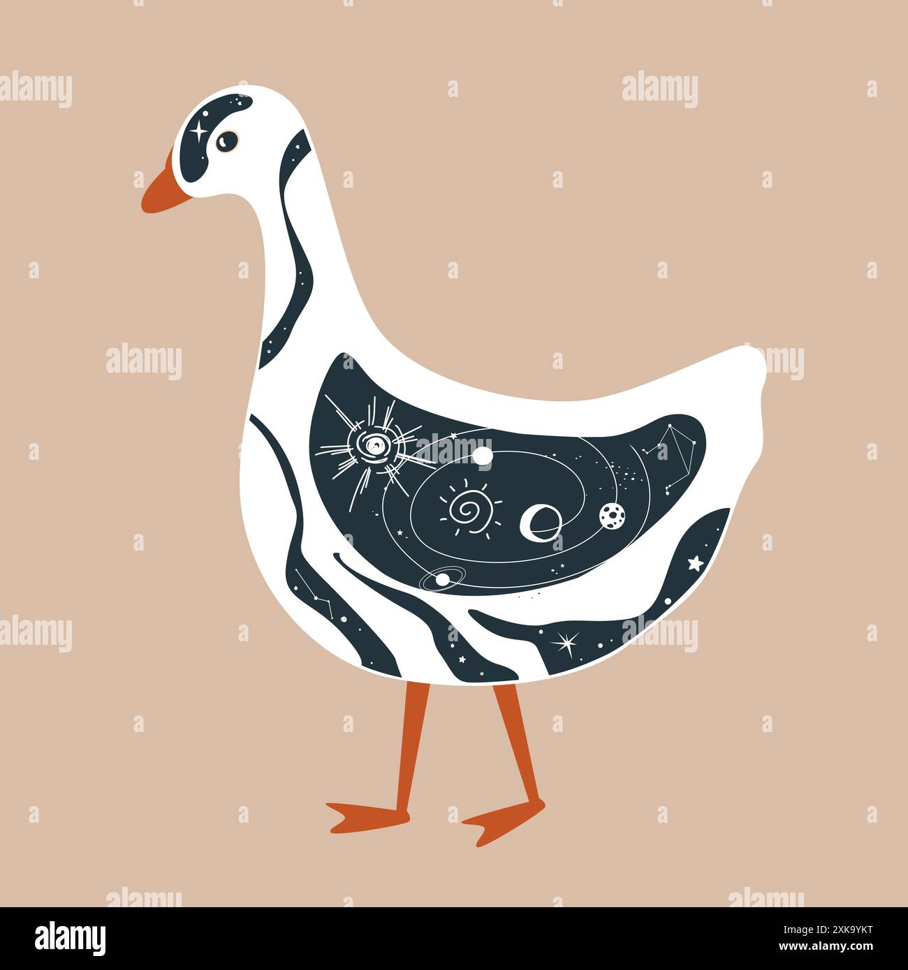 Abstract painted goose with solar symbols. Cartoon nursery, folk, or ...