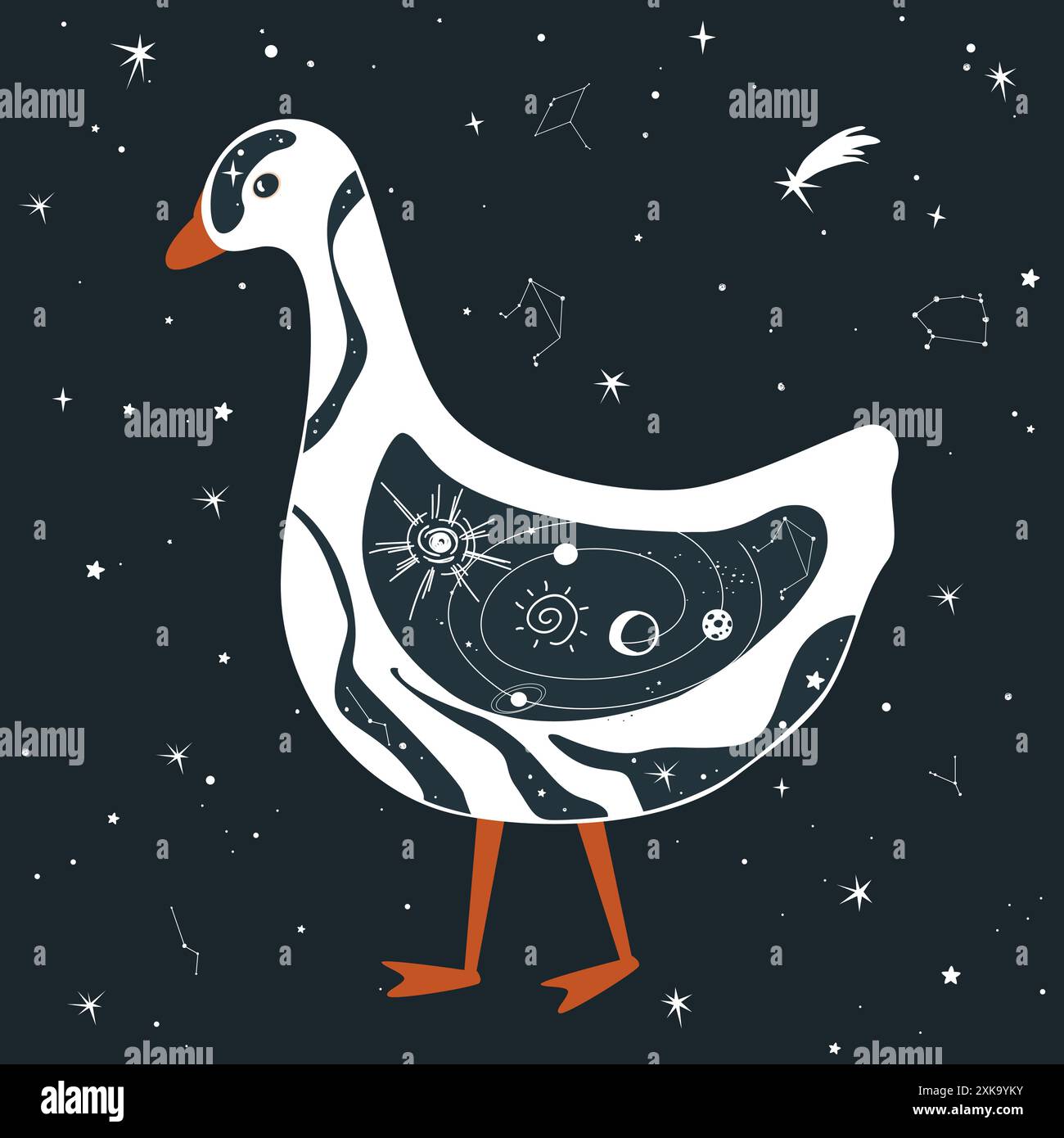 Abstract painted goose with solar symbols on Space background. Cartoon ...