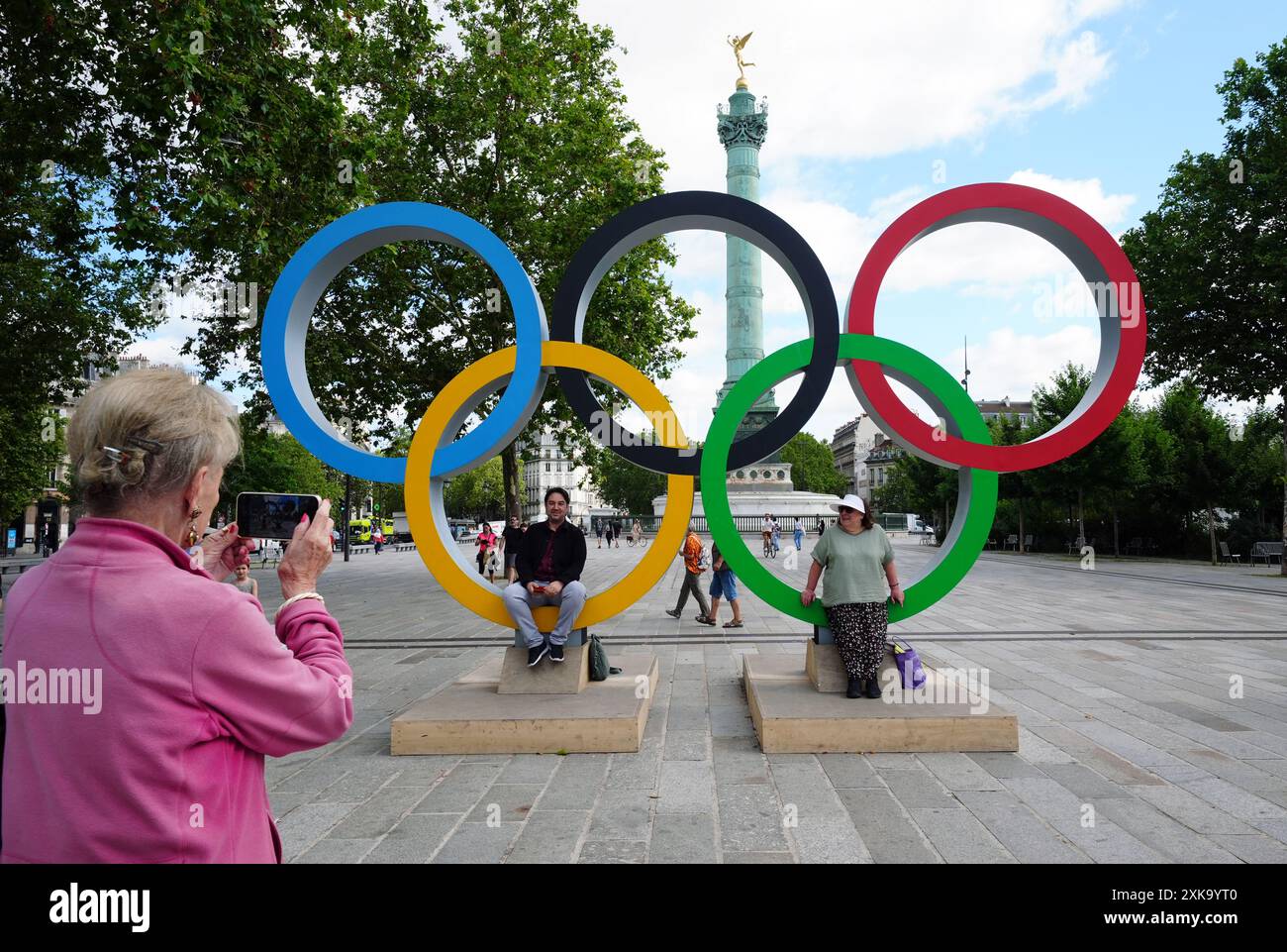 The Olympic Rings at Plaza de la Bastilla, Paris. The Opening Ceremony ...