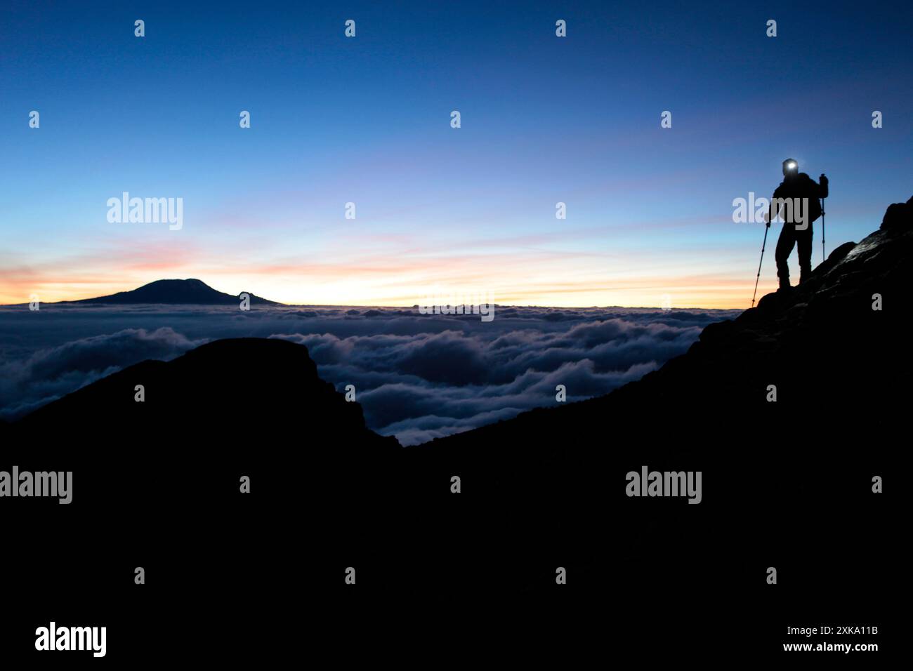 A hiker walking to the summit of Mount Meru, a trekking mountain in ...