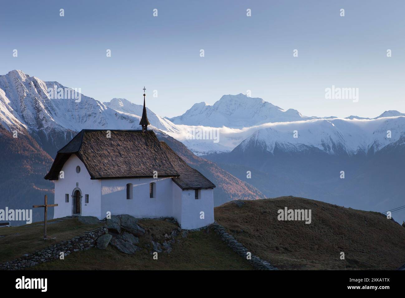 Church in village of Bettmeralp in Swiss Alps, Wallis, Switzerland ...