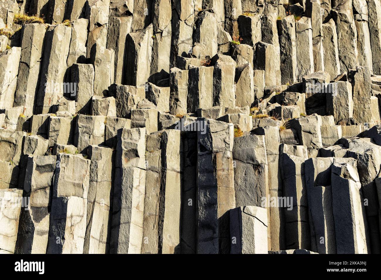 Gardar basalt columns, Iceland. A rocky cliff with many different sized ...