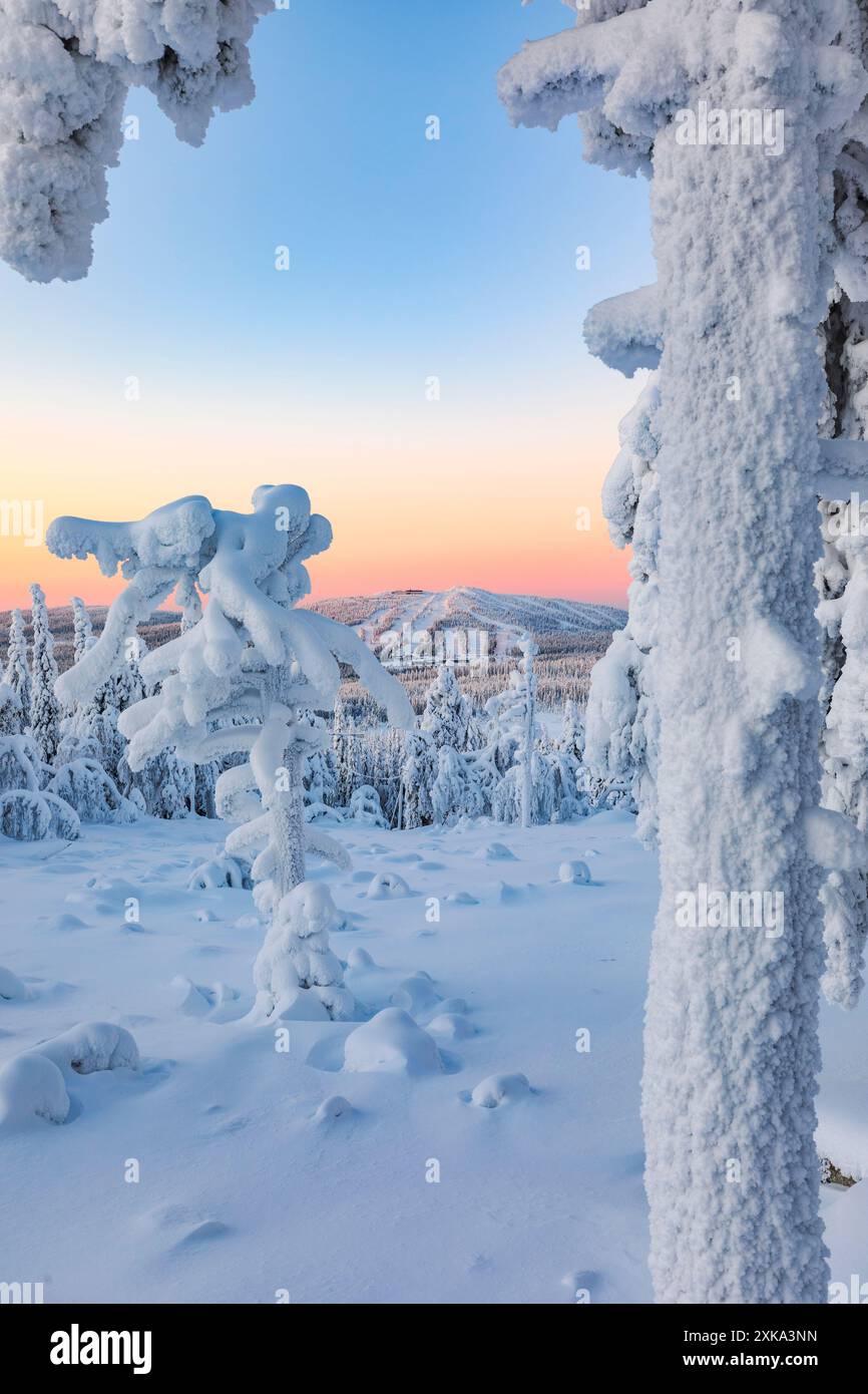 Arctic sunrise over snowy ski slopes, Iso Syote, Lapland, Finland Stock ...