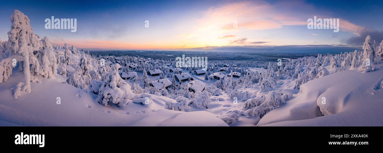 Panoramic of ice sculptures wrapped in snow surrounding the arctic ...