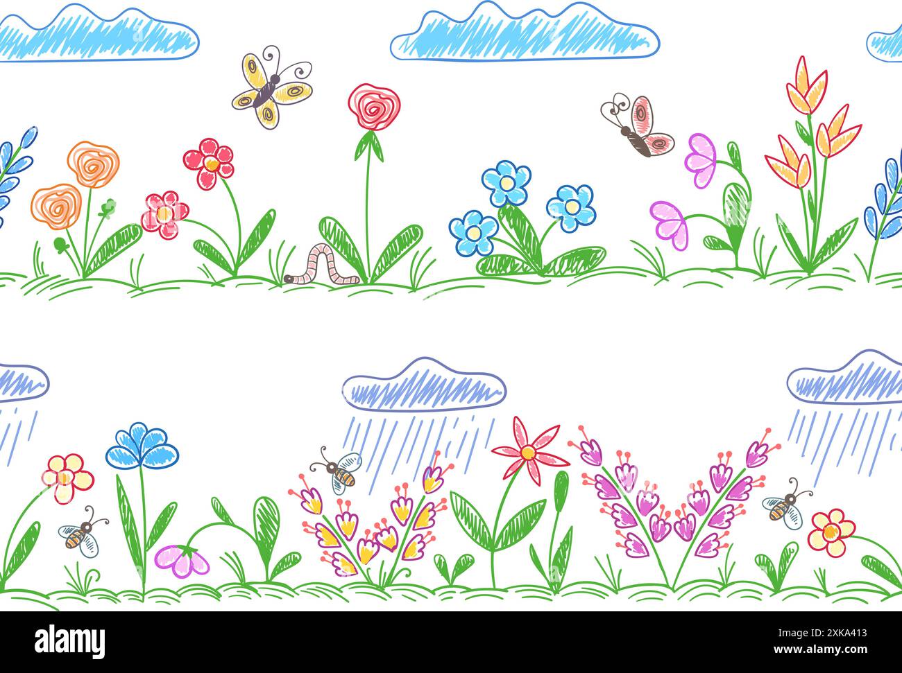 Kids painting doodle flower horizontal pattern Stock Vector Image & Art ...