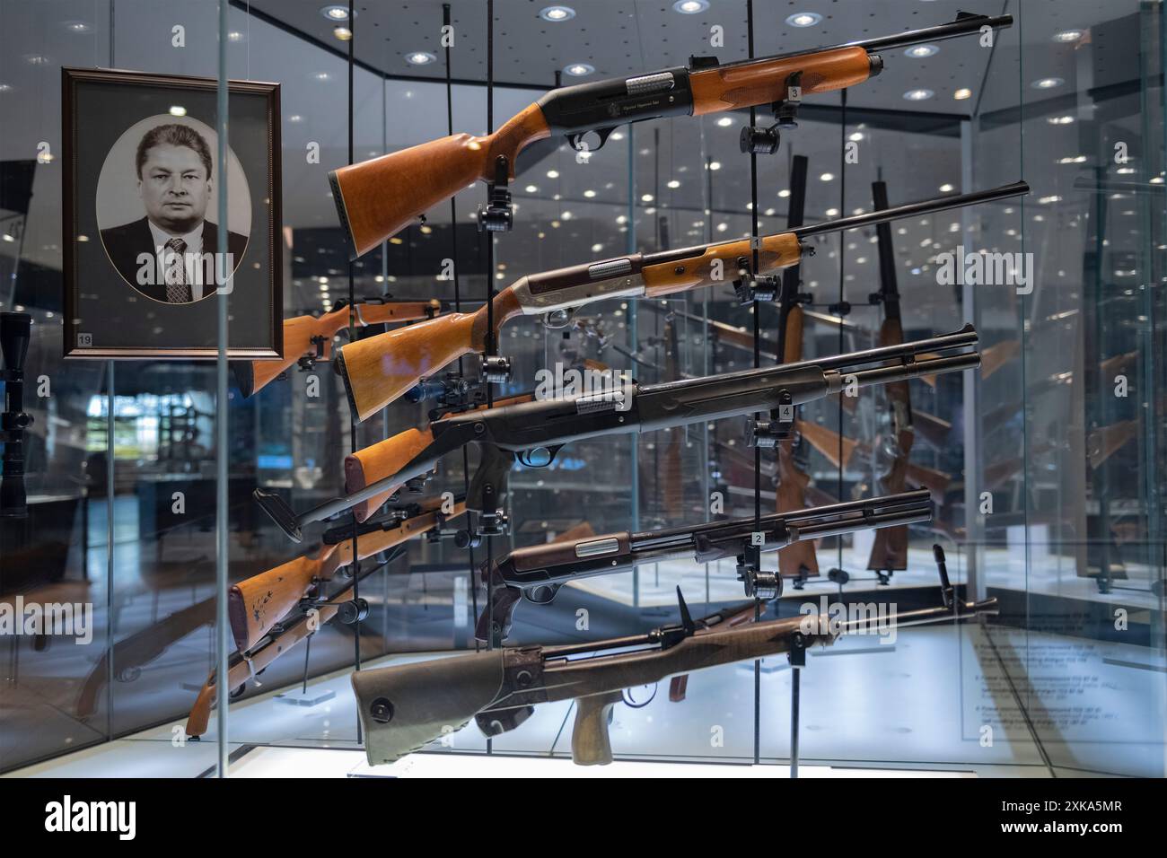 TULA, RUSSIA - JULY 15, 2024: A stand with sporting and hunting weapons ...