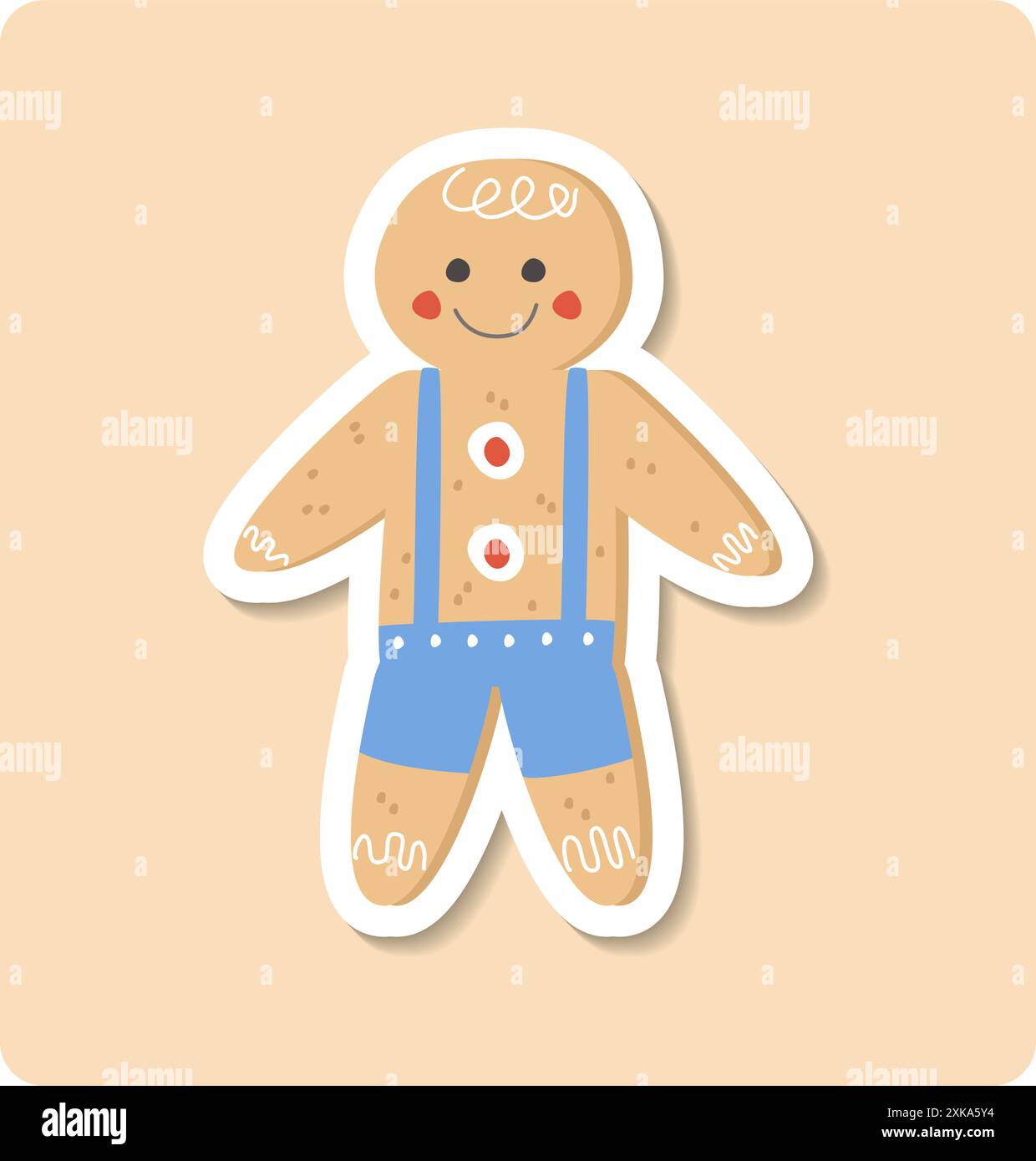 Cute gingerbread man smiling wearing blue overalls on purple background ...