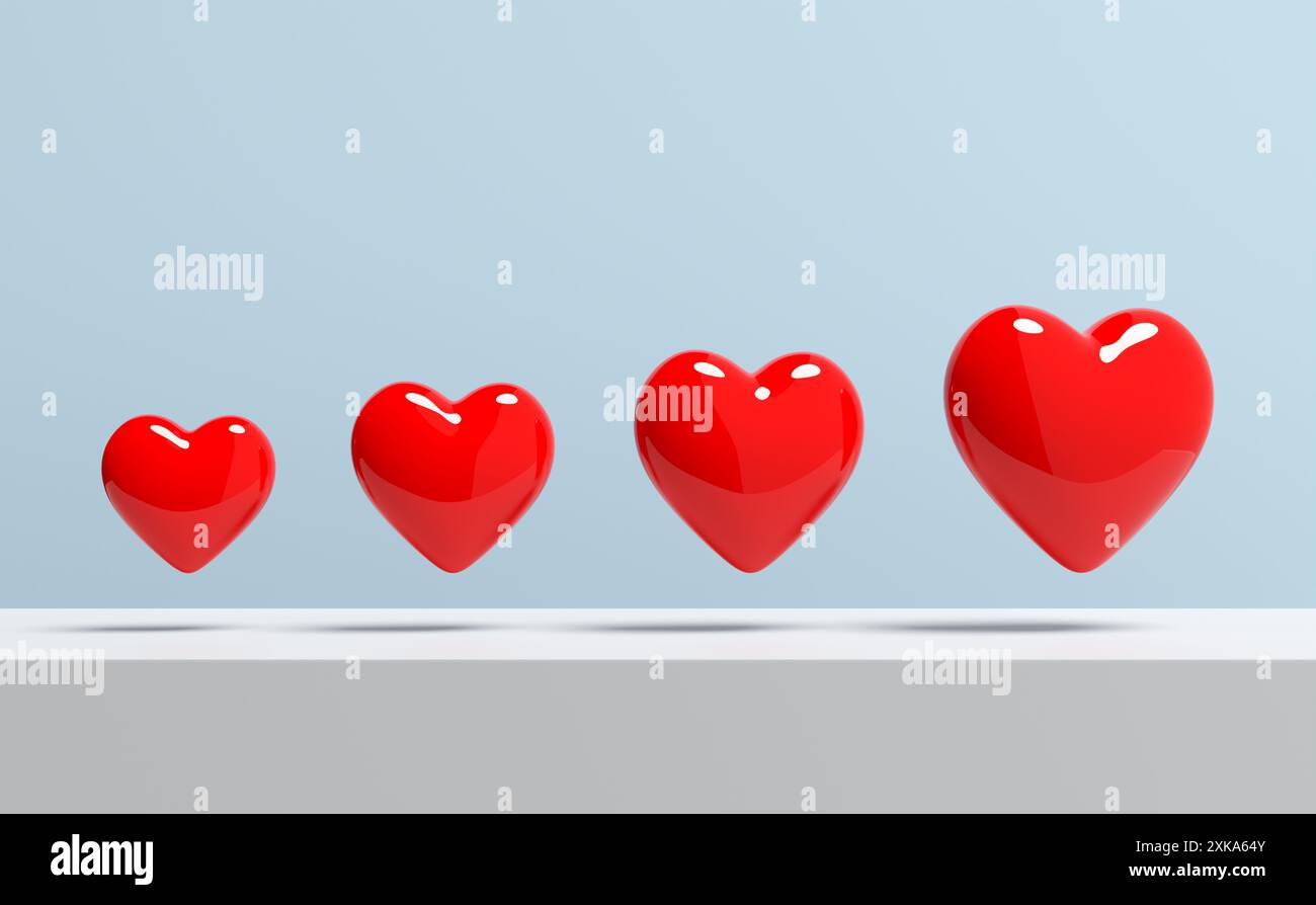 Four red hearts are growing, showing the evolution and increase of love ...