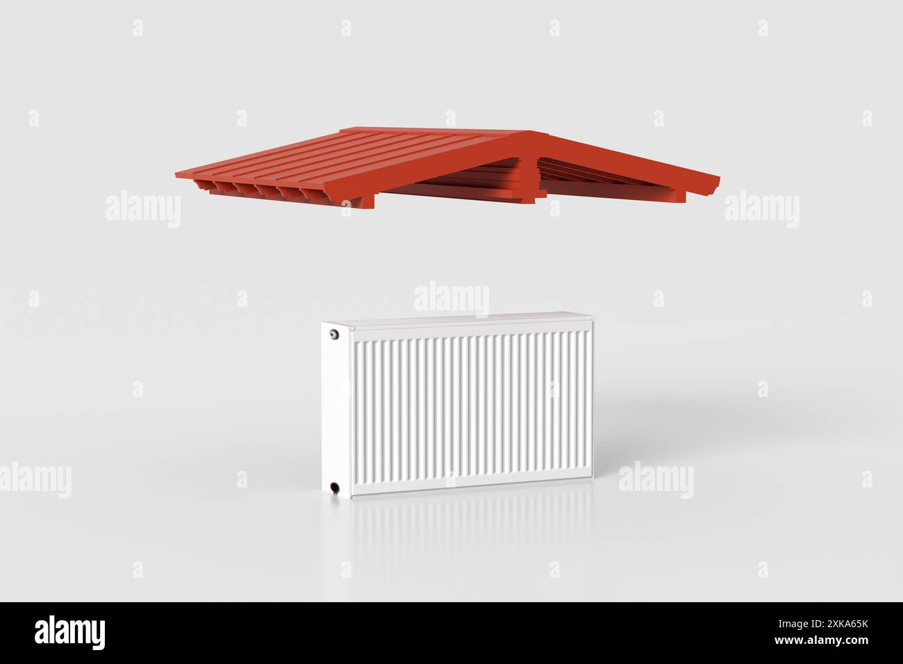 3d illustration of a white radiator heating a modern house with a red ...