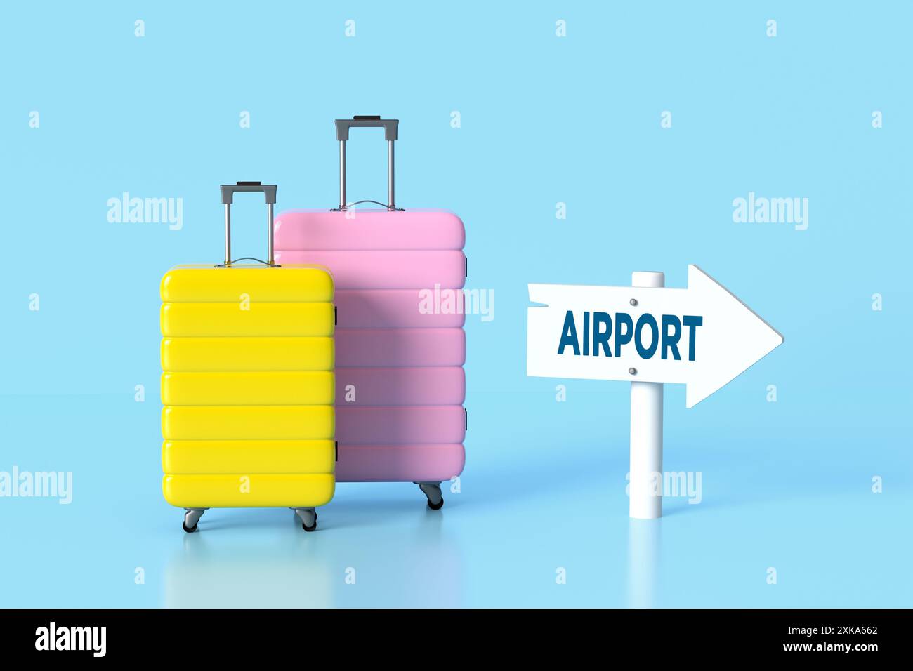 Two colorful suitcases standing next to an airport sign, with a blue ...